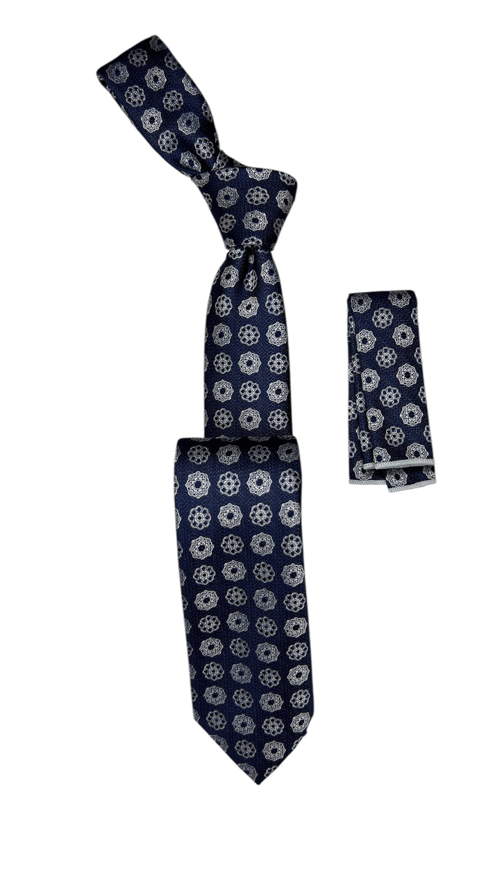 Jacquard Woven Tie with handkerchief 7cm navy – Smart Man